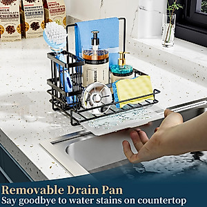 Consumest Sink Caddy Kitchen Sink Organizer, Sponge Holder for Kitchen Sink with Dish Brush +Dishcloth Holder, Stainless Steel Dish Soap Holder Countertop with Drain Tray for Sink Accessories, Black