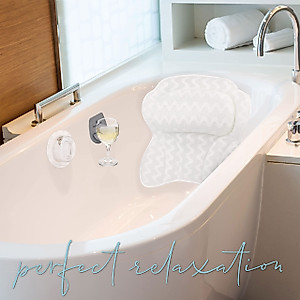 Charmont Luxury Bath Pillow Set, Relaxing Spa Bathtub Headrest for Head and Neck Support, Slip Resistant Waterproof Bathtub Cushion Strong Suction for Soaking Tub 3D Air Mesh with Accessories