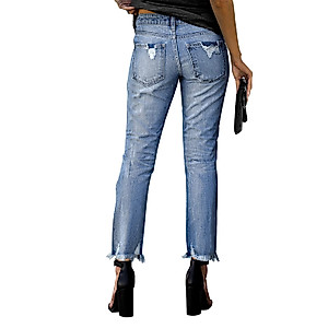 KUNMI Women's Ripped Boyfriend Slim Fit Jeans Frayed Distressed Stretchy Denim Pants