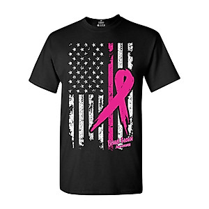 shop4ever Pink Breast Cancer Ribbon American Flag T-Shirt Support Awareness Tee Large Black