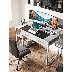 ODK Computer Desk with Drawers, 40 Inch Office Desk with Storage & Shelves, Work Writing Desk with Monitor Stand Shelf, White Home Office Desks for Small Spaces