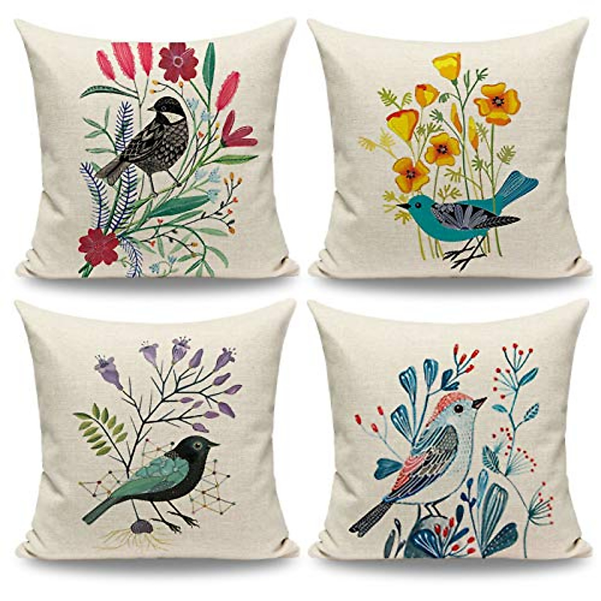 CARRIE HOME Spring Outdoor Pillow Covers 18x18 Set of 4 Farmhouse Decorative Spring Bird and Flower Throw Pillow Covers for Patio Furniture and Couch