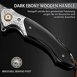 LOTHAR Damascus Pocket Knife for Men, 7.78" VG10 Folding Knife with Retro Leather Sheath,Sandalwood Handle, Classical Bolster, Lanyard Hole, EDC Knife Anniversaries, Christmas, elegant gifts for Men (Black)