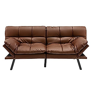 KOMFOTT Futon Sofa Bed, Faux Leather Memory Foam Convertible Futon Couch with Adjustable Backrest & Armrests, Metal Legs, Modern Loveseat Sleeper Bed Split-Back Sofa for Small Apartment & Office