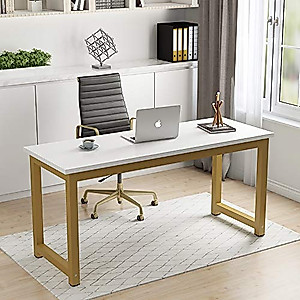 Tribesigns Computer Desk, Large Office Desk, Study Writing Table for Home Office, Easy Assemble, White Gold, 65 X 23.6 inch