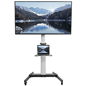 VIVO Aluminum Mobile TV Cart for 32 to 83 inch Screens up to 110 lbs, LCD LED OLED 4K Smart Flat, Curved Panels, Heavy Duty Stand with DVD Shelf, Locking Wheels, Max VESA 600x400, Silver, STAND-TV09