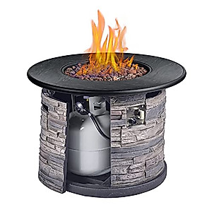 BAIDE HOME 32-Inch Ceramic Fire Table, 50,000 BTU Round Outdoor Propane Fire Pit, Concrete Faux Stacked Stone Base w/Metal Lid, Lava Rocks, Electric Ignition, Cover