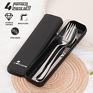 Ansukow 4-Piece Travel Utensils With Black Case, 18/8 Stainless Steel Reusable Camping Silverware Set for Lunch Box, Dorm, Work, School, Picnic
