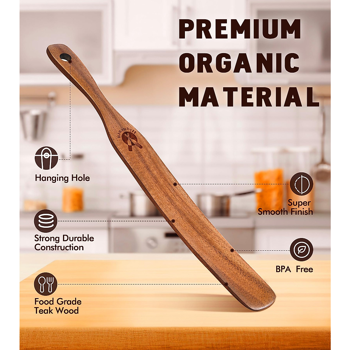 Skinny Spurtle for Sourdough Starter, Mixing, Reaching Bottom of Jar, Dough Whisk, 100% Natural from High Moist Resistance Teak, Spurtles Kitchen Tools Wooden Kitchen Utensils for NonStick Cookware