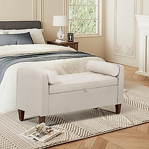 COLAMY Tufted Storage Bench for Bedroom End, 48 Inch Modern Upholstered Storage Ottoman with Arms and Bolster Pillows for Bedroom, Living Room, Entryway, Beige