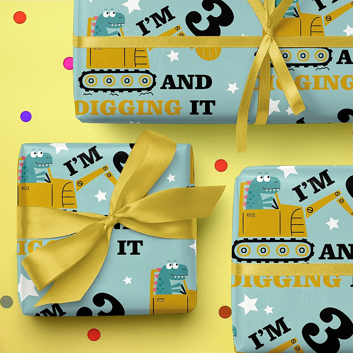 WRAPAHOLIC 3rd Birthday Wrapping Paper Sheet - 6 Sheets Adorable Dinosaurs Driving Digger Design Folded Flat for Birthday, Party, Baby Showers - 19.7 Inch X 27.5 Inch Per Sheet