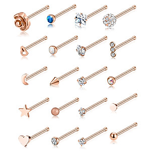 Tornito 20G 20Pcs Nose Ring CZ Nose Stud Retainer Bone Labret Nose Piercing Jewelry Set Stainless Steel Rose Gold Tone
