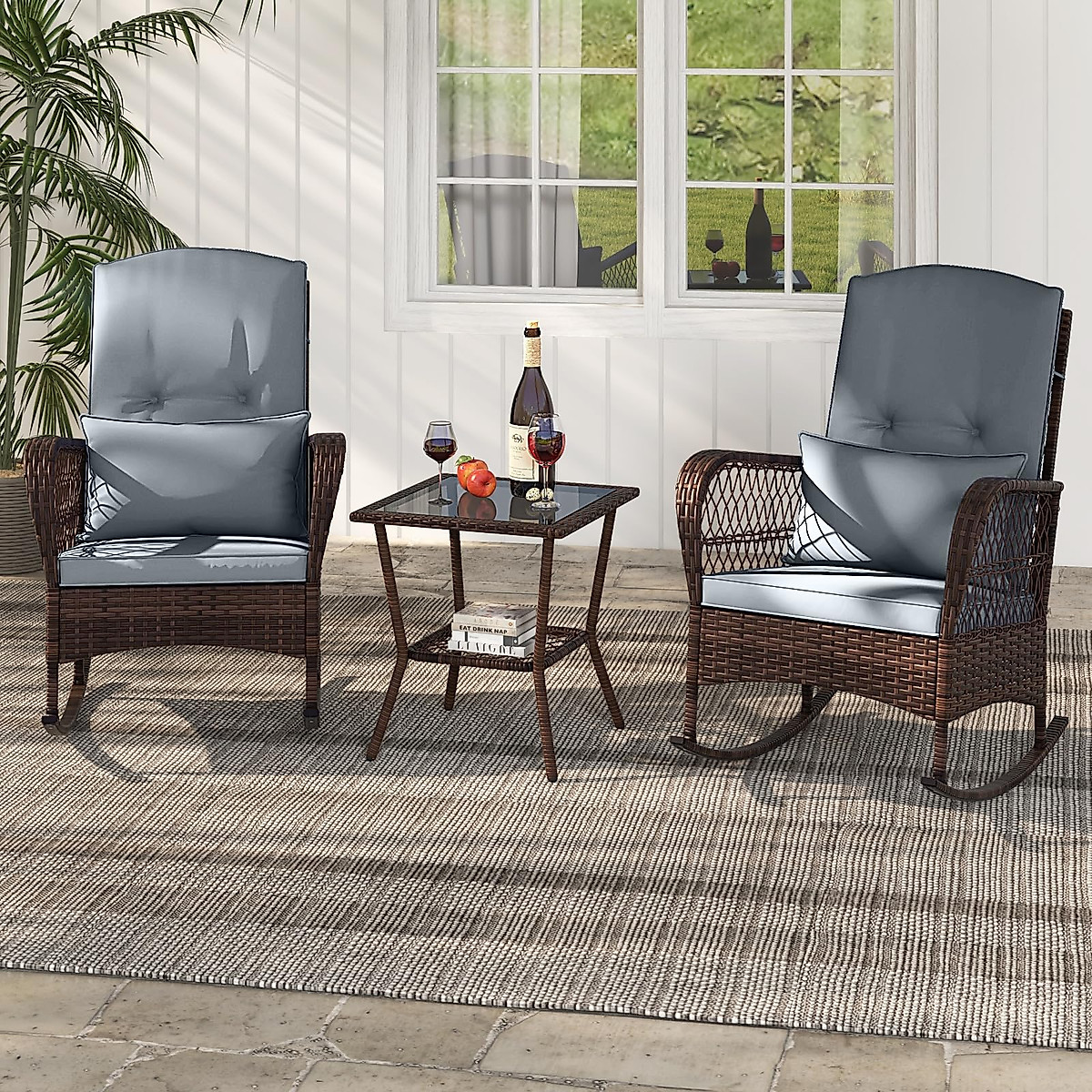 Tangkula 3 Piece Patio Rocker Set, Patiojoy Outdoor Wicker Rocking Chairs w/Double-Layer Coffee Table, Rattan Rocker Chair Set w/Seat Back Cushions & Pillows, for Porch, Backyard, Poolside (Grey)