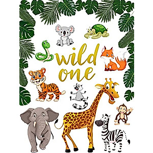 29 Pieces Jungle Themed Cutouts Party Decoration Safari Zoo Animals Cutouts Tropical Leaves Paper Cutouts with Adhesive Dots Wall Decals Wild One Sign for Baby Shower School Classroom Party Supply