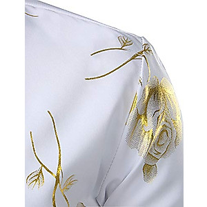 ZEROYAA Mens Hipster 3D Golden Rose Floral Printed Slim Fit Long Sleeve Button Down Dress Shirts ZZCL22 White Medium