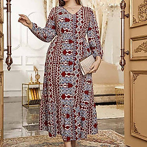 Dresses for Women Plus Size Women's Summer Casual V Neck Geometric Print Long Sleeved Loose Elastic Waist Dress Long Red