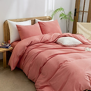 BESTOUCH Duvet Cover Set 100% Washed Cotton Linen Feel Super Soft Comfortable Chic Lightweight 3 PCs Home Bedding Set Solid Orange Cal King