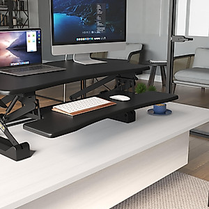 Mount-It! Height Adjustable Standing Desk Converter | 48” Wide Tabletop Sit Stand Desk Riser with Gas Spring | Stand Up Computer Workstation Fits Dual Monitors | Black | MI-7925