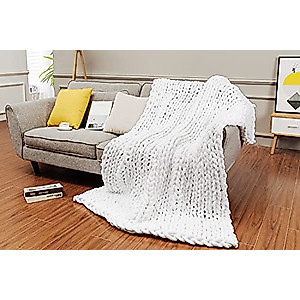 XPKWS Chunky Knit Throw Blanket Cozy Chenille Handmade Blanket for Bed Sofa Boho Chair Home Decor (White, 51"x63")