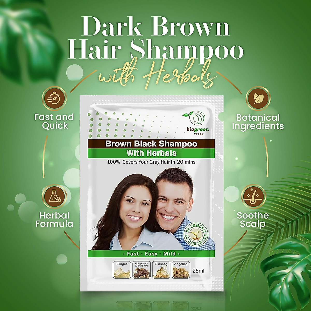 Biogreen Roots Ammonia-Free Herbal Hair Shampoo - Effectively Covers Gray Hair for Men and Women - Natural Color and Herbal Nourishment - No Stain on Skin - Brown Black (5 sachets x 25 ml)