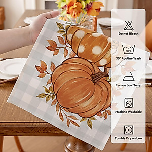 Romanstile Pumpkin Leaves Fall Table Runner, Buffalo Plaid Autumn Thanksgiving Harvest Farmhouse Style Table Decoration for Dining, Party, Holiday - 13x72 Inch, Grey Blue