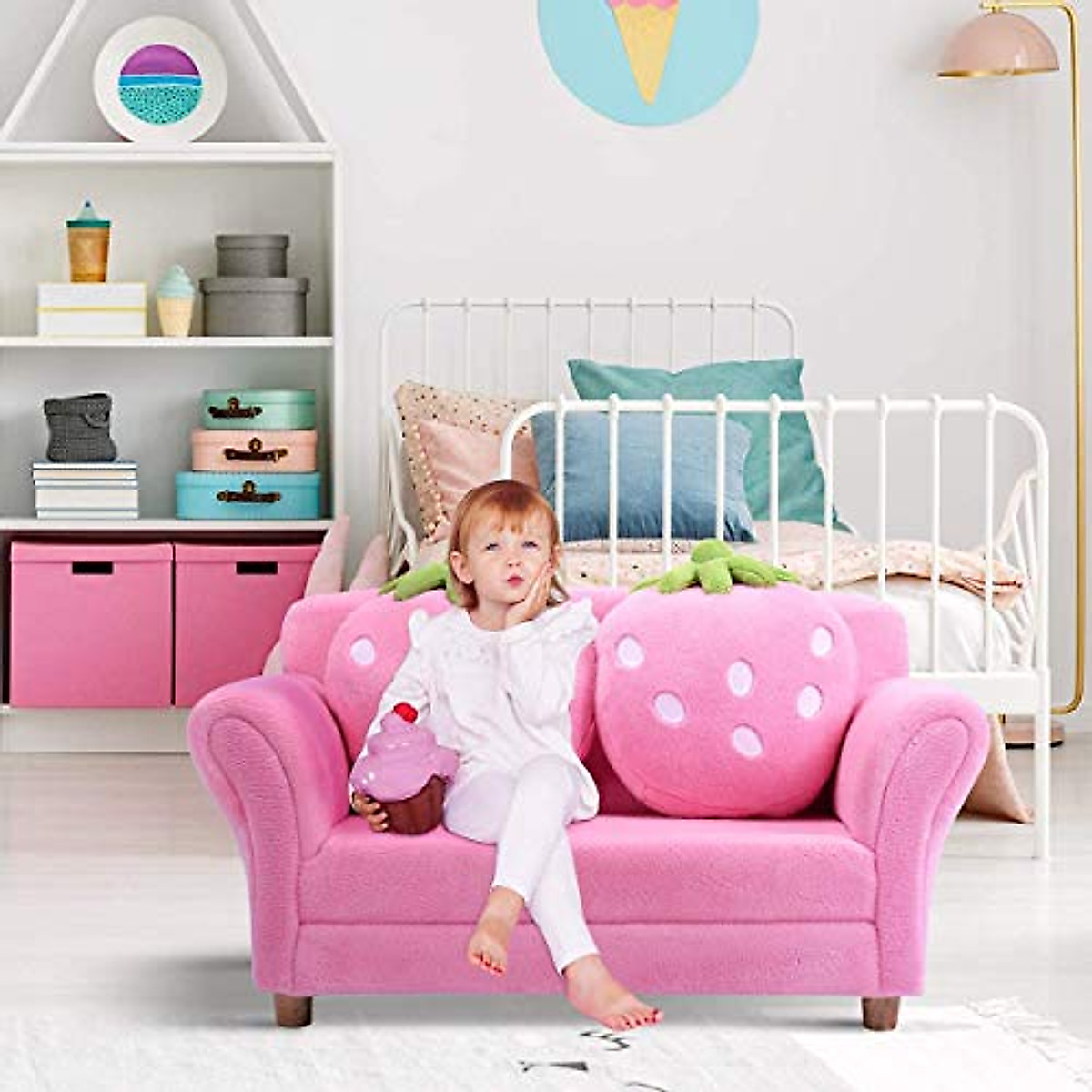 GLACER Kids Sofa with 2 Pillows, Pink Toddler Couch with Wooden Frame and Coral Fleece Surface, Toddler Lounge Bed 2 in 1, Baby Sofa Chair Children Armchair for Girls