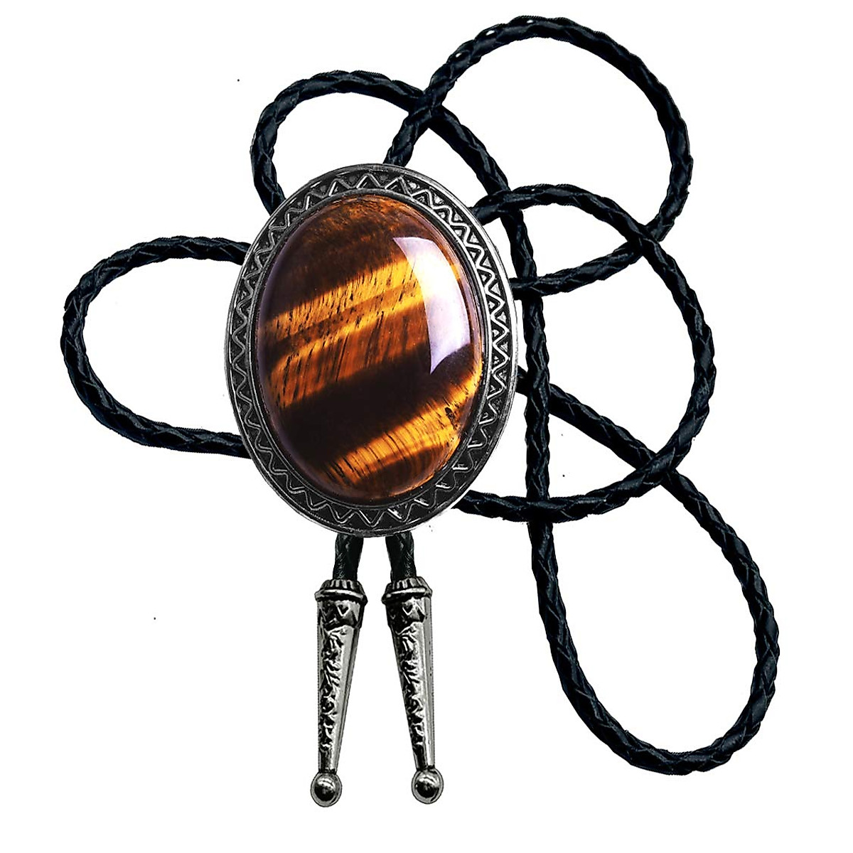 Moranse Bolo Tie with Natural Tiger Eye Stone Celtic Style Genuine and Cowhide Rope(Tiger Eyes 1 Style)