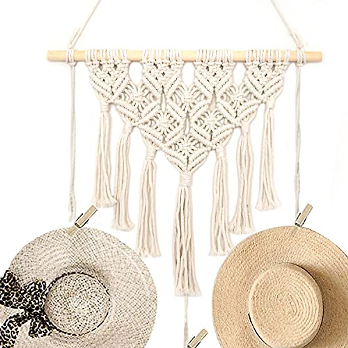 Anrkets Hat Organizer | Hat Wall Hanging | Hat Hanger for Wall Storage | Bohemian Womens Hat Rack | Hand Weaving Hat Storage Hanger | Wooden Display Rack for Wide Brim and Fedoras Baseball Caps