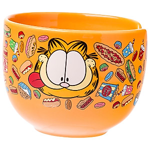 Silver Buffalo Garfield Hungry Junk Food Ceramic Ramen Noodle Rice Bowl with Chopsticks and Spoon, Microwave Safe, 20 Ounces