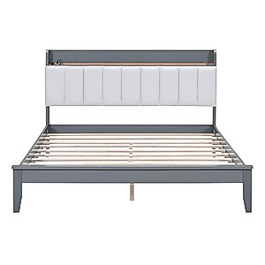 Merax Queen Size Upholstered Platform Bed with USB Charging Station and Storage Upholstered Headboard, LED Bed Frame, No Box Spring Needed, Gray