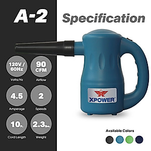 XPOWER A-2 Cyber Duster Electric Air Duster for Dusting, Drying, Inflating, Blowing, Car Detailing, Computer, Leaf Blowing, 90 CFM, 7 Nozzles + 2 Brushes, High Performance Motor, Eco-Friendly, Blue