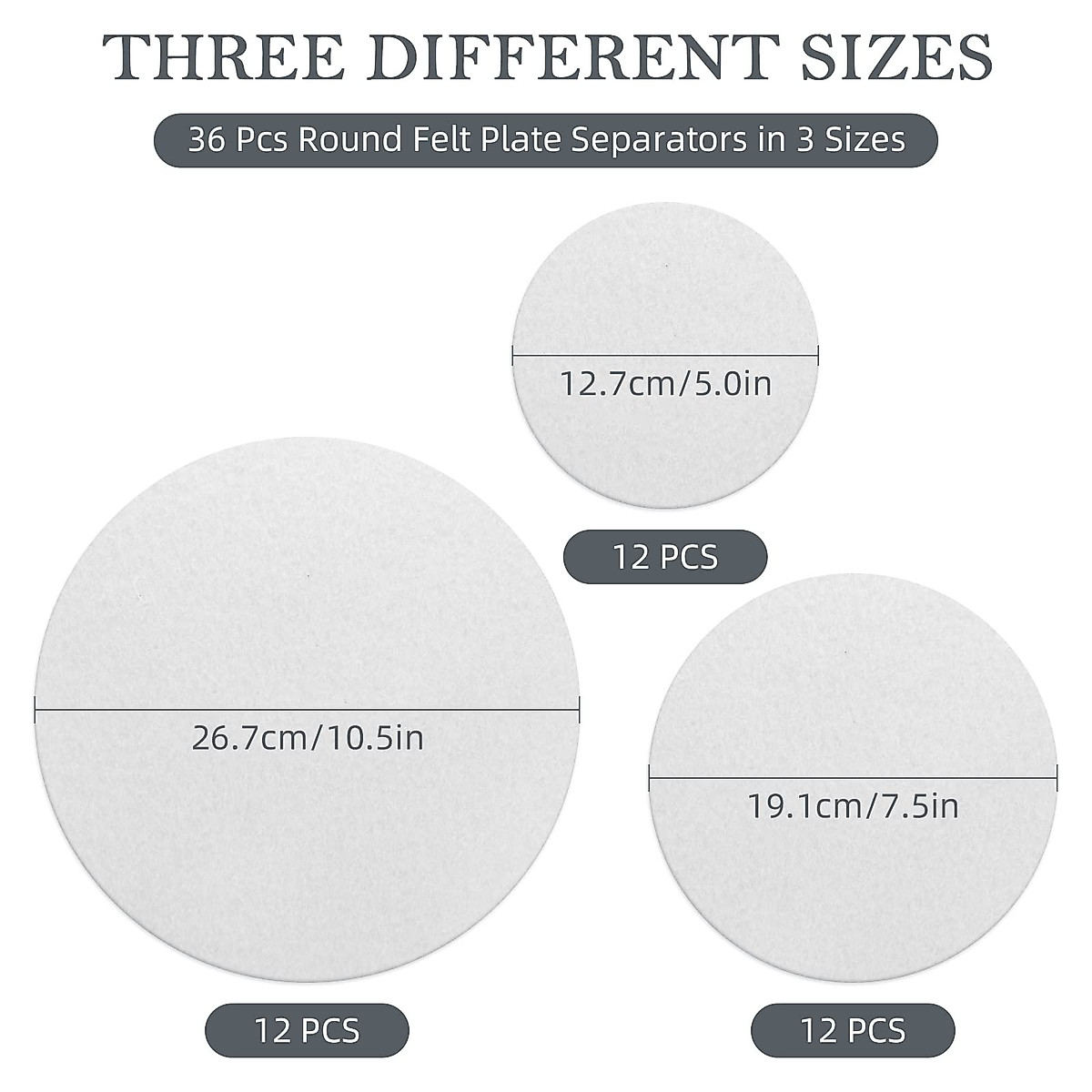 Felt Plate Storage Dividers, 36 Pack Premium Felt Round China Dish Separators Pads Plate Dividers with 3 Sizes, Dish Storage Protectors Pads for Packing Stacking Cookware (White)