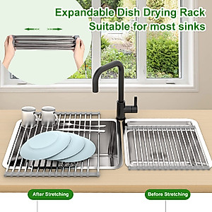 Liangmall Expandable Dish Drying Rack Up to 23.6", Extra Large Over The Sink Dish Drainer Drying Rack Roll Up, Stainless Steel Multipurpose Kitchen Sink Drying Rack - 23.6"(L) x 13.0"(W)