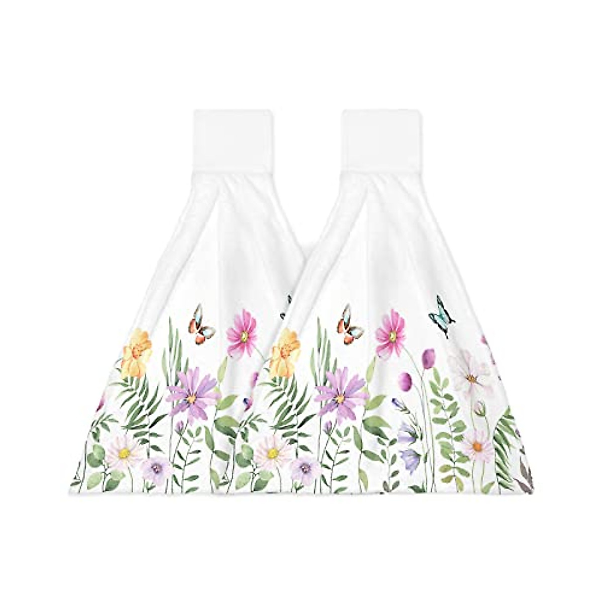 Spring Blossom Flowers and Butterfly Hanging Kitchen Towels Soft Absorbent Hand Tie Towels Set with Hook&Loop,Botanical Plants on White Tea Bar Dish Cloths Towel for Bathroom Laundry Room BBQ,2pc