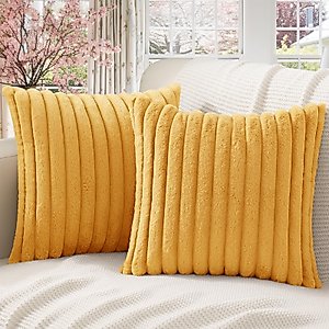 Pallene Faux Fur Plush Throw Pillow Covers 18x18 Set of 2, Luxury Soft Fluffy Striped Decorative Pillow Covers for Sofa, Couch, Living Room, Mustard Yellow