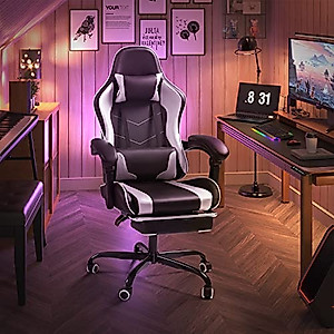 Shahoo Gaming Chair with Footrest and Massage Lumbar Support, Video Game Chairs 360°Swivel and Height Adjustable Seat with Headrest for Office or Bedroom, Study Room, White