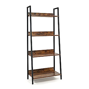 Fencer Wire 4 Tier Ladder Bookshelf, 24 Inch Width Free Standing Shelf, Bookcase Shelf Storage Rack Organizer, Industrial Book Shelves for Home Office, Living Room, Kitchen, Rustic Oak Vintage Shelves