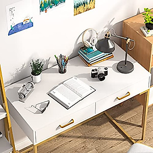 Tribesigns Computer Desk with 2 Drawers, 39.4” Modern Simple White and Gold Writing Desk Desk with Storage Drawers, Makeup Vanity Console Table Study Desk for Home Office