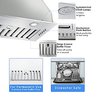 JOEAONZ Range Hood Insert 20 Inch Stainless Steel with Baffle filters, 600 CFM Built-in Kitchen Hood, Ducted/Ductless Convertible Vent Hood GU10 LED, 3 Speed Stove Exhaust Fan, Push Button Control