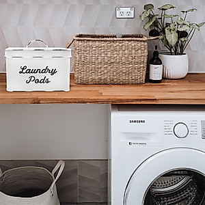 AuldHome Enamelware Laundry Pod Holder; Rustic White Laundry Pod Storage Container
