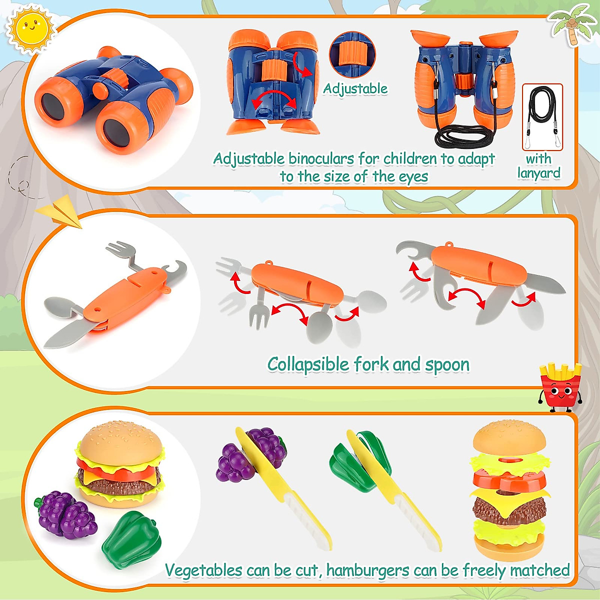REZUCREY Kids Camping Toys Set, Pretend Play with Campfire, Pretend Cutting Food for Play Kitchen Camping Gear for Kitchen Indoor Outdoor Camping Toys for Kids Toddlers Boys Age 3 4 5 6 7 8+