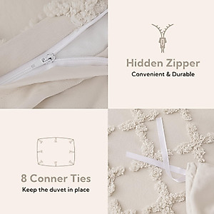 MILDLY Boho Duvet Cover Queen Size, 3 Pieces Shabby Chic Tufted Beige Duvet Cover Sets for Home, Soft Boho Textured Bedding Set for All Seasons