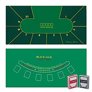 Poker Table Topper Blackjack Set – play Casino Games using the Texas Holdem Poker Set on Green Table Cloth or Black Jack Set on Green Felt Table Mat