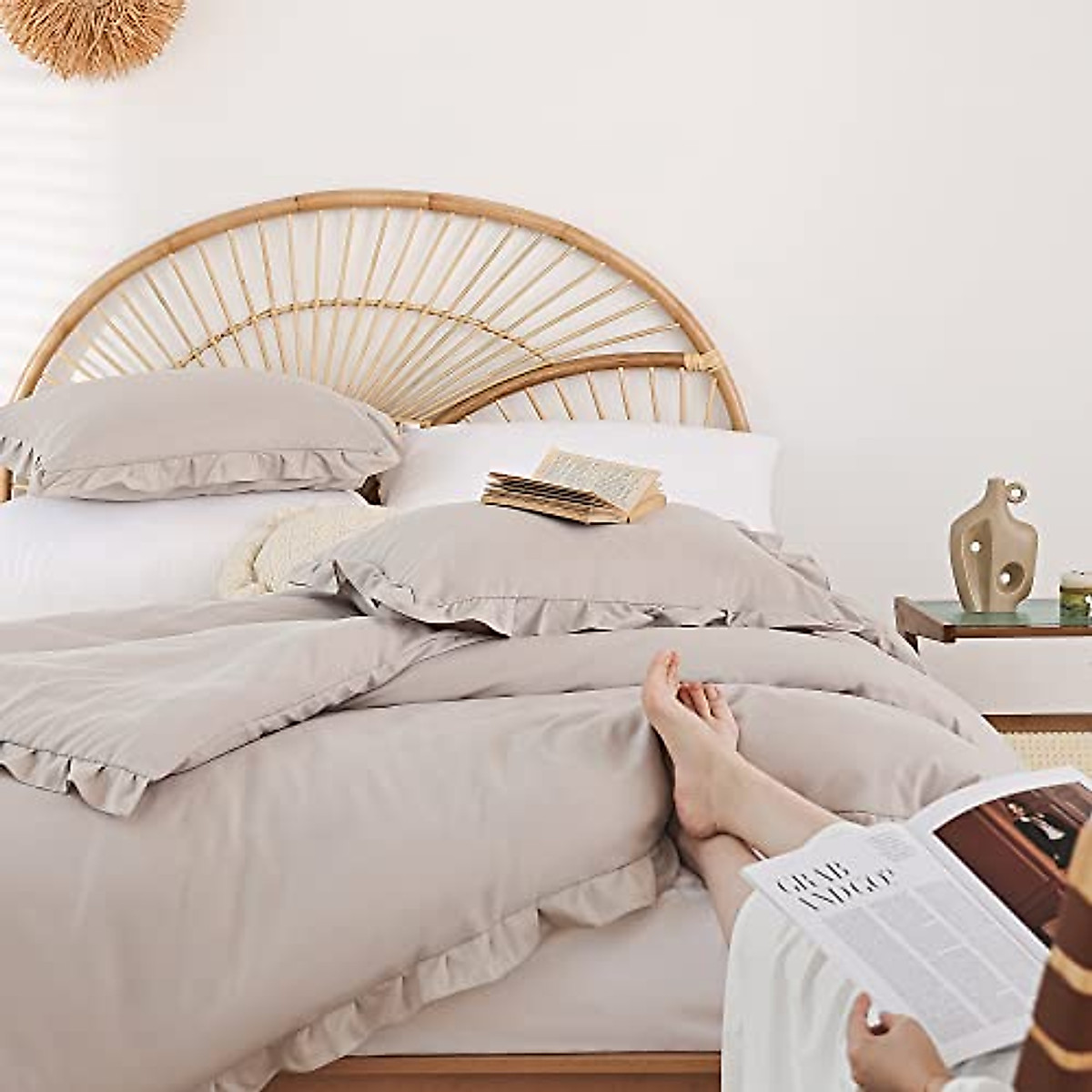 JANZAA Vintage Bedding Set Soft Shabby Chic Fluffy All Season Queen Oatmeal Comforter Set 3PCS(1 Ruffled Comforter Set and 2 Pillowcases)