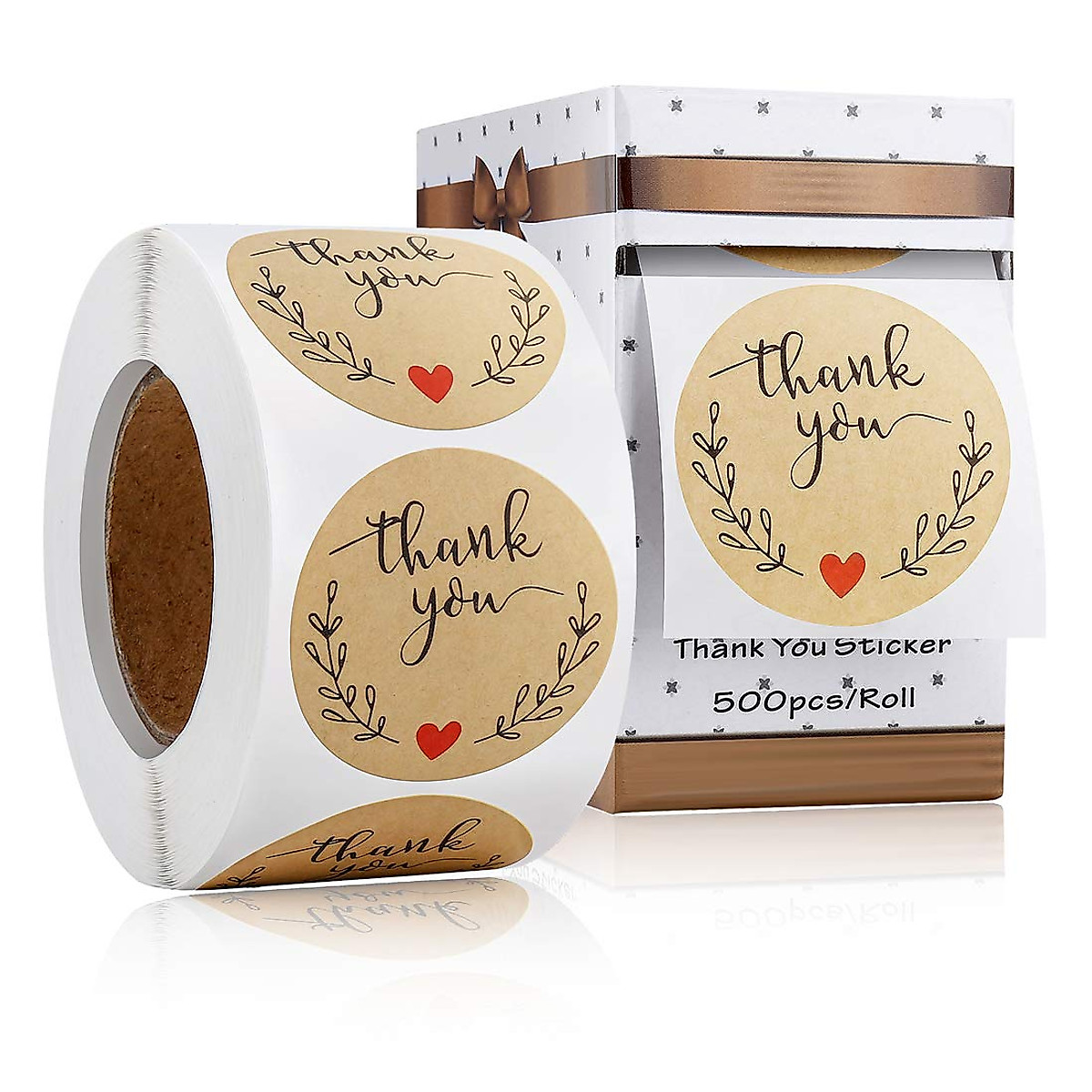 1.5" Thank You Stickers, Kraft Paper 500 Labels Per Roll, 6 Colors Available