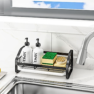 BSKSSK Sink Caddy, Sponge Holder for Kitchen Sink, Kitchen Bathroom Sink Organizer, 304 Stainless Steel Kitchen Countertop Organizer Soap Tray with Removable Drain Tray Length Version - Black