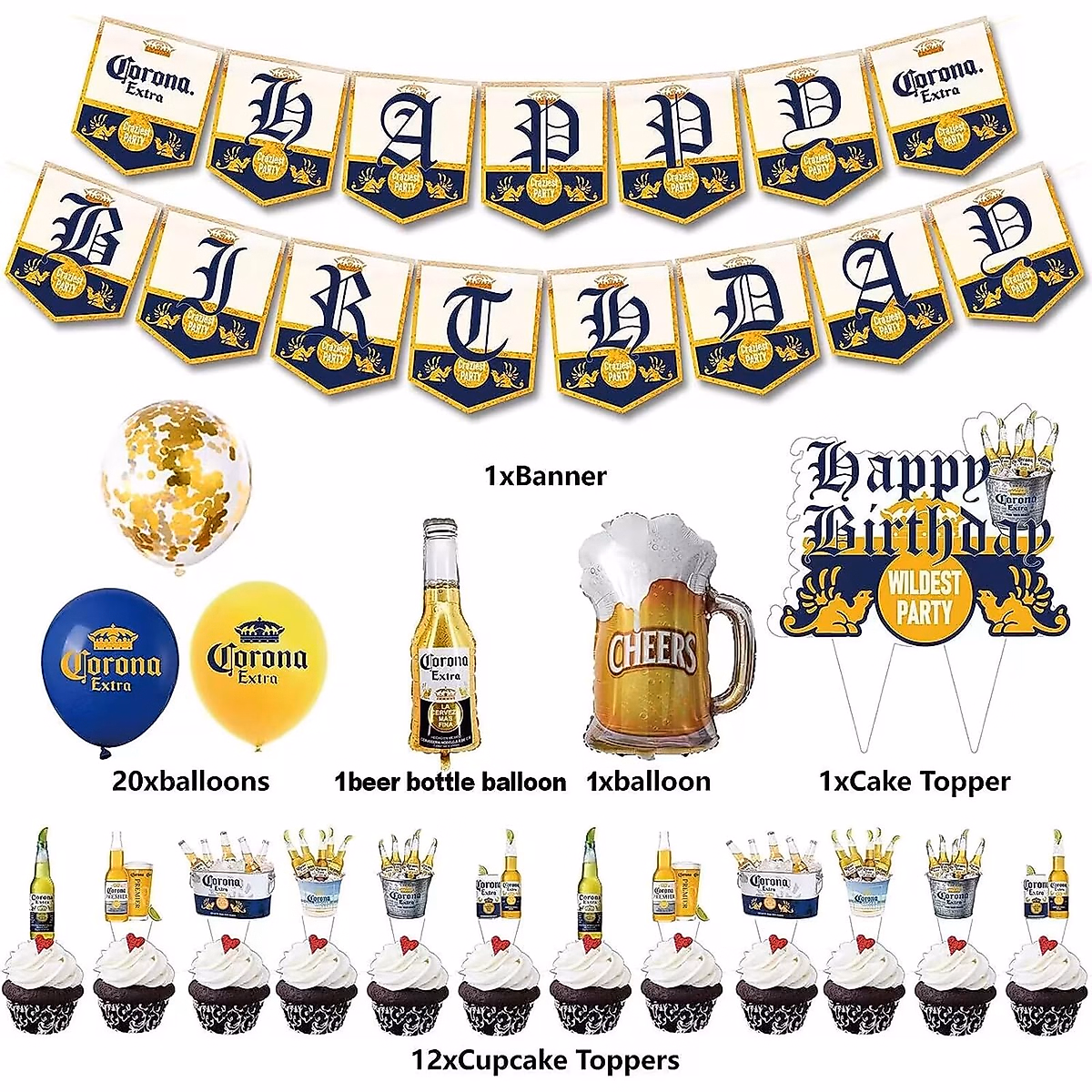Corona Beer Themed Party, Men Women Boys Girls Birthday Party Balloon Decorations, Include Birthday Happy Banner, Cupcake Decoration, Aluminum Film latex 34 pcs Kit