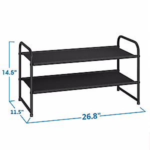 Simple Trending 2 Pack 2-Tier Stackable Shoe Rack, Expandable & Adjustable Fabric Shoe Shelf Storage Organizer, Black
