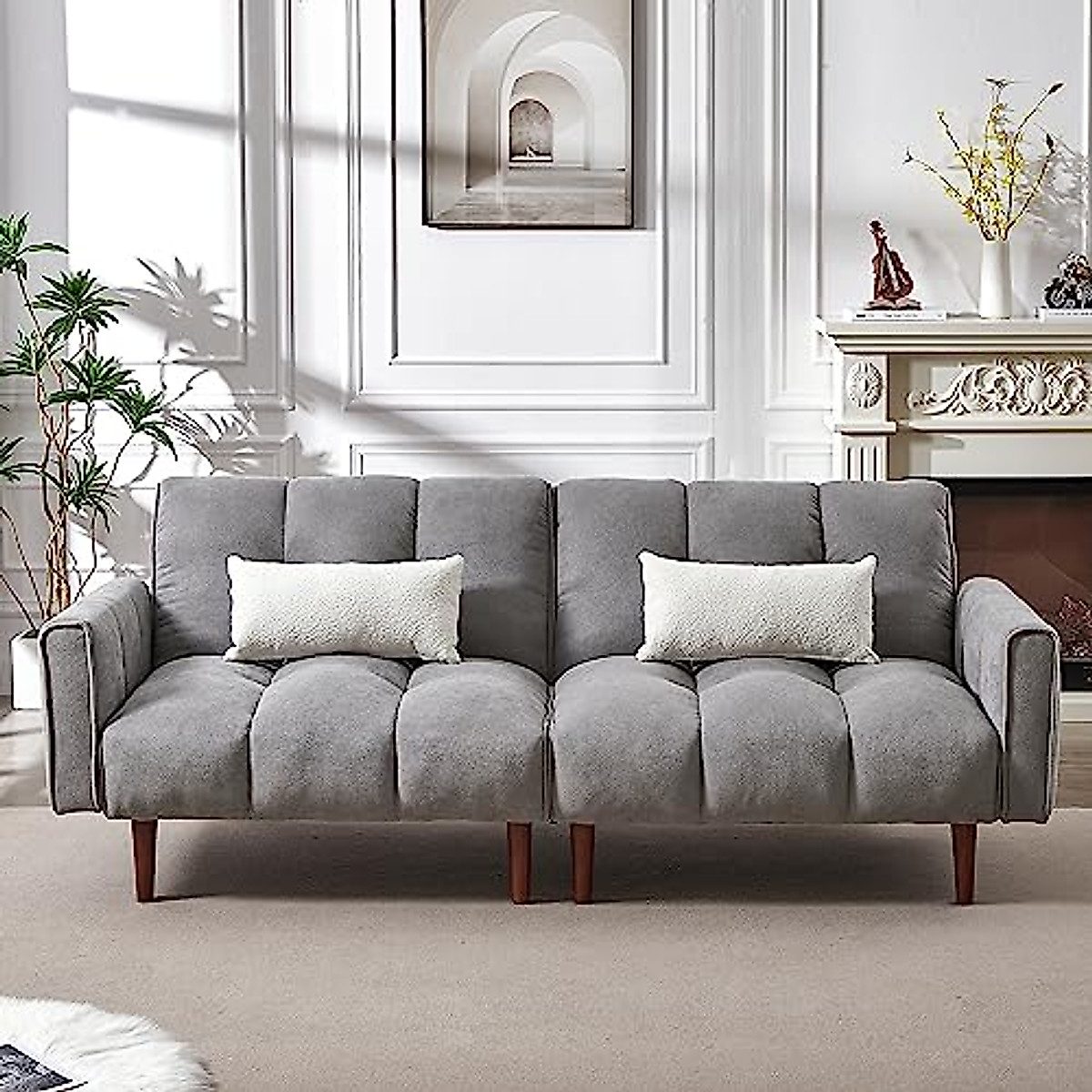 3 in 1 Convertible Linen Upholstered Tufted Futon Sofabed ,81-inch Modern Oversized Functional Loveseat Sofa Convertible Sleeper Couch Bed with Split Backrest ,2 Pillows and Wood Legs for Living Room