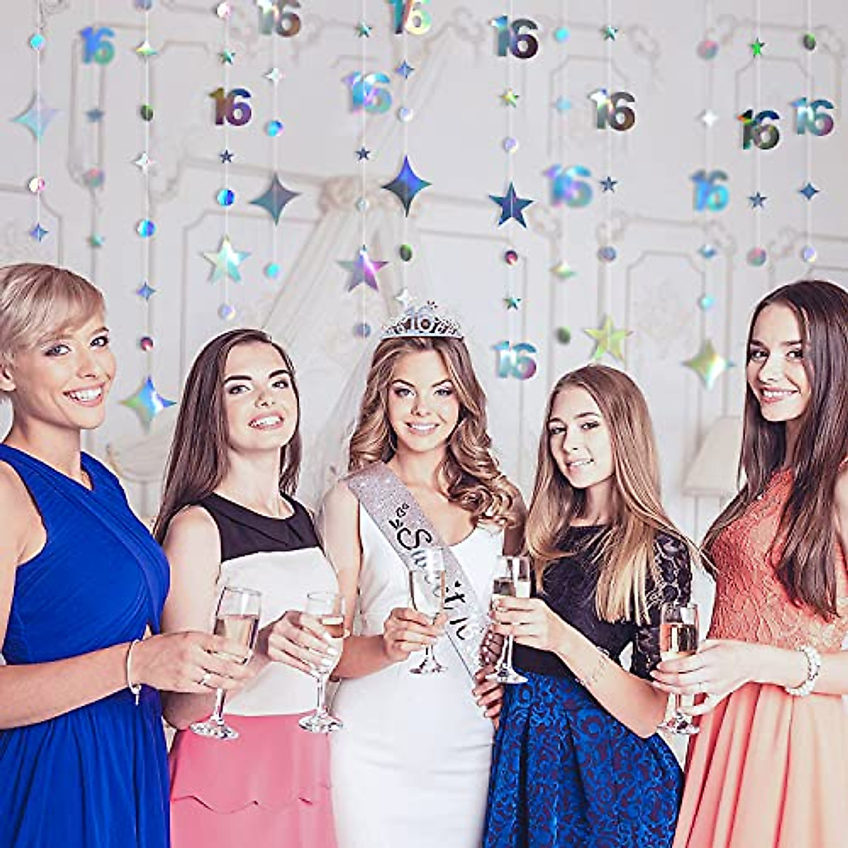 MUDESEN Sweet 16 Sixteen Birthday Party Decorations for Girls, Iridescent Number 16 Circle Dot Twinkle Star Garland Kit Hanging Streamer Backdrop Decorations for Girls 16th Birthday Party …